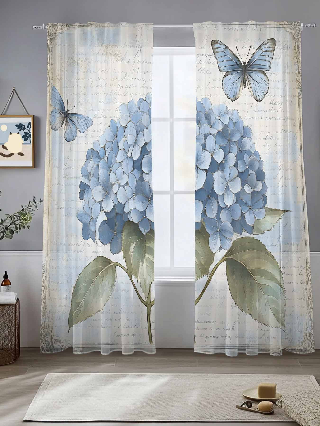 Blue Hydrangea Retro Sheer Curtains for Living Room Bedroom ...