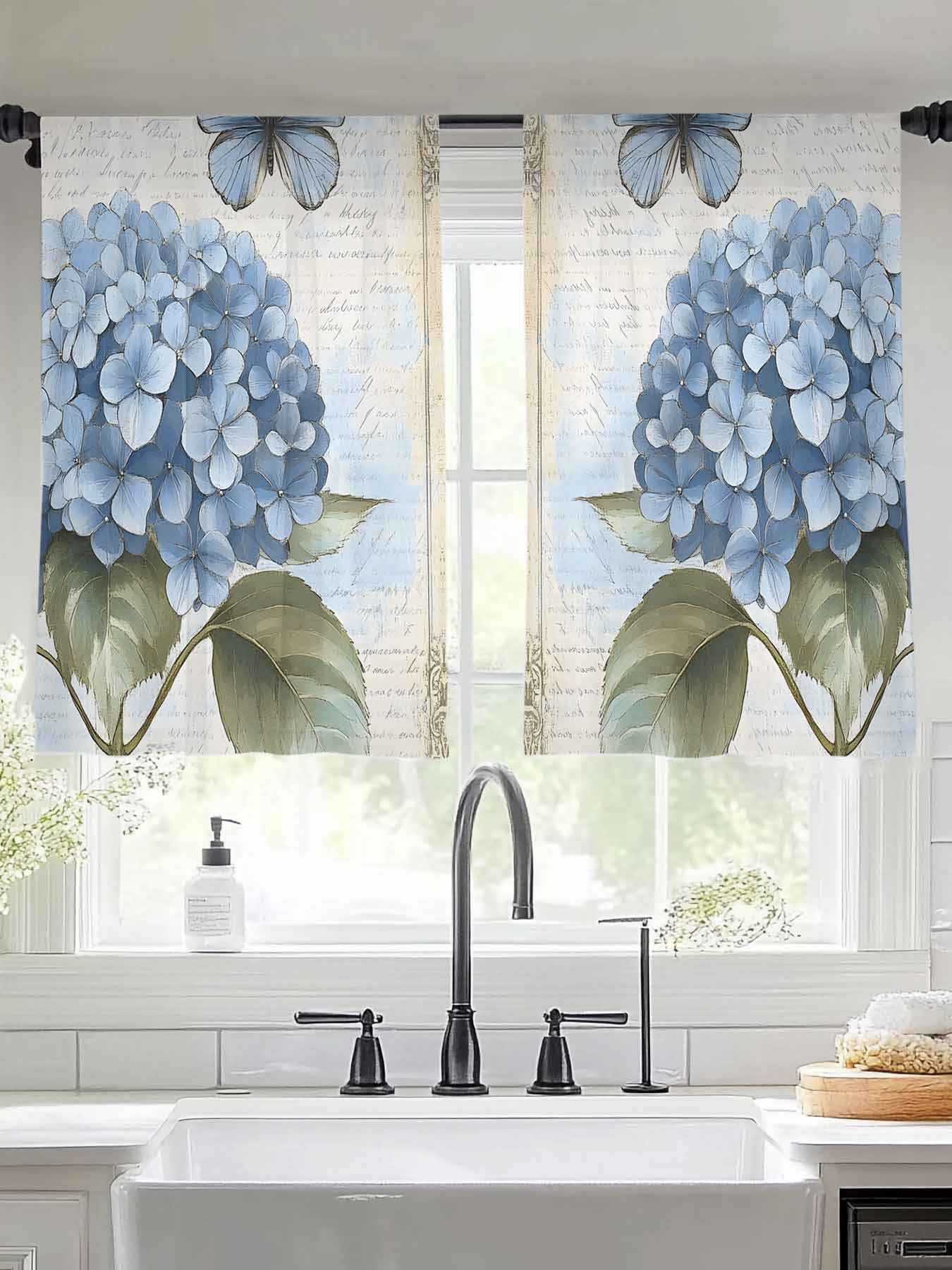 Blue Hydrangea Retro Sheer Curtains for Living Room Bedroom ...