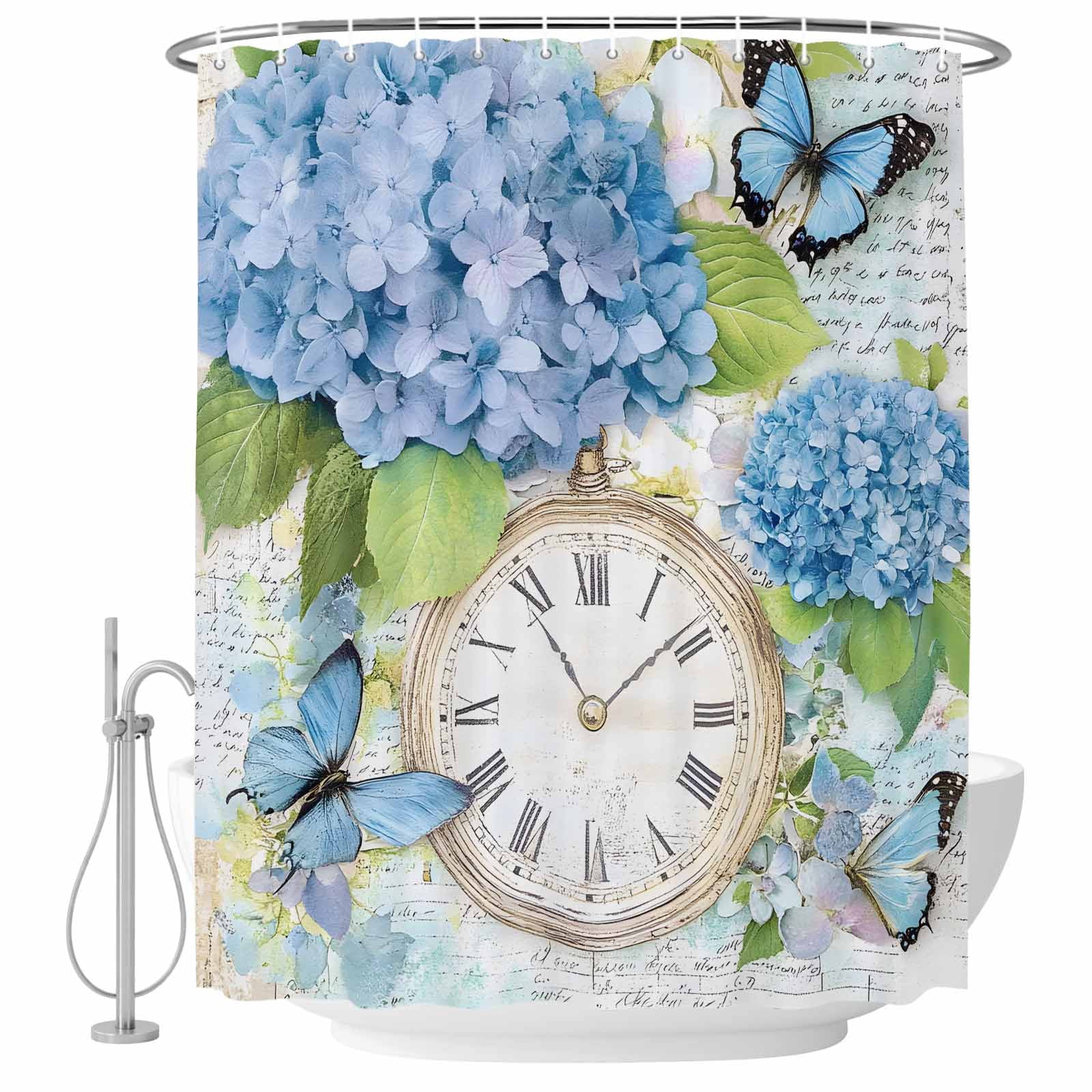 Blue Hydrangea Retro Shower Curtain Set - Long 72" x 84" Washable ...