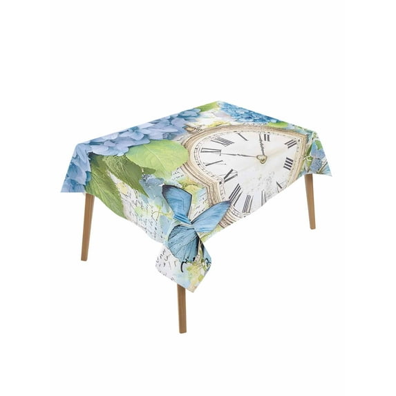 Blue Hydrangea Retro Table Cloth, Spring Summer Clock Butterfly ...