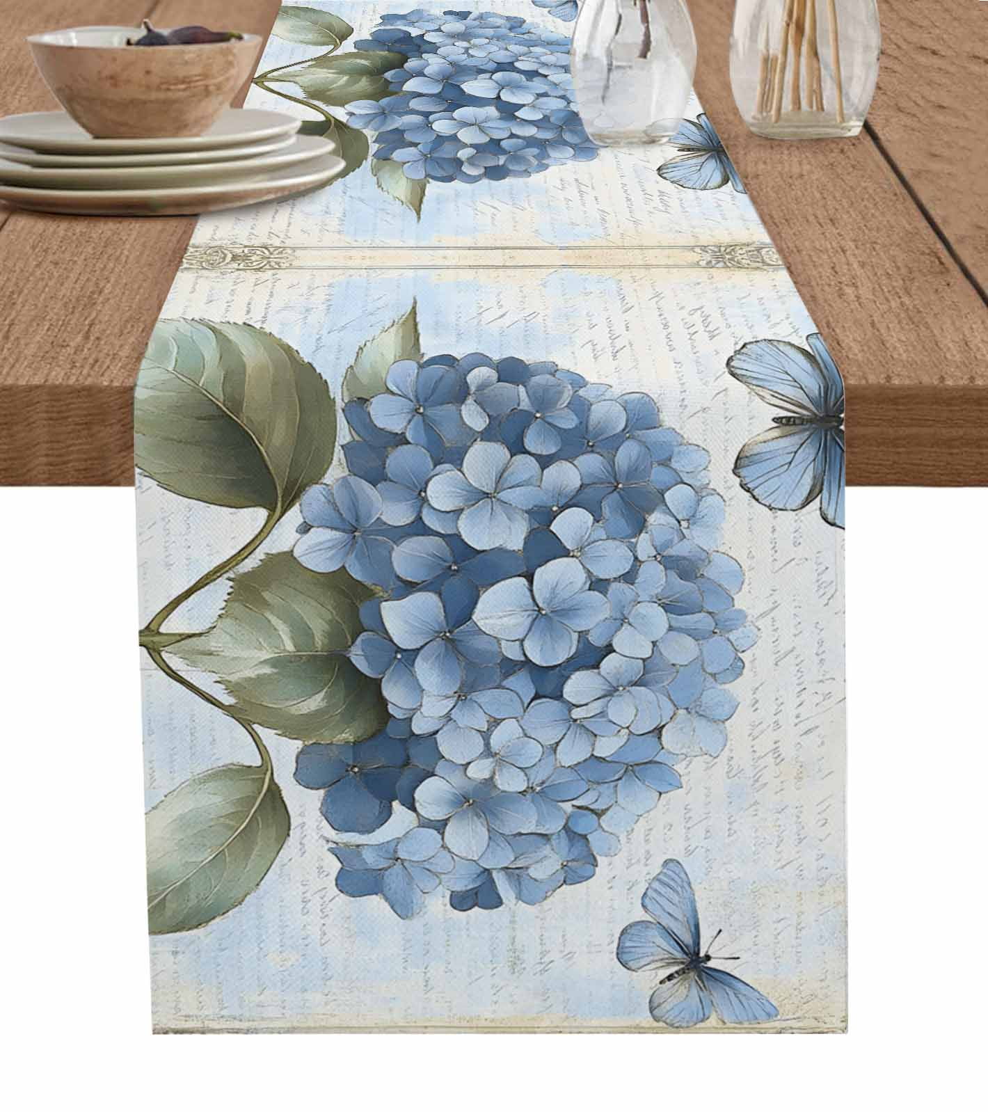 Blue Hydrangea Retro Table Runner 70 Inches, VintageBotanical Floral Blossom Bed Runner Dresser ...