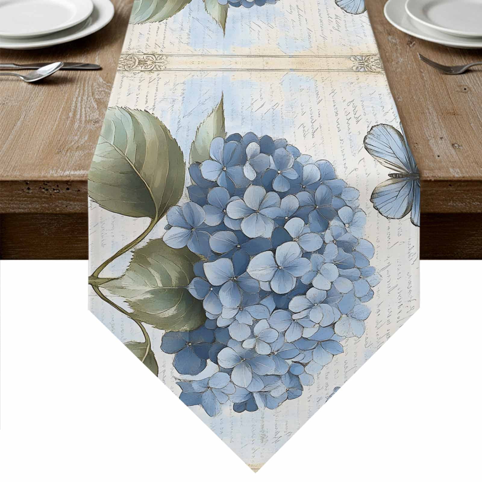 Blue Hydrangea Retro Table Runner Linen Burlap Table Runner 90 Inches ...