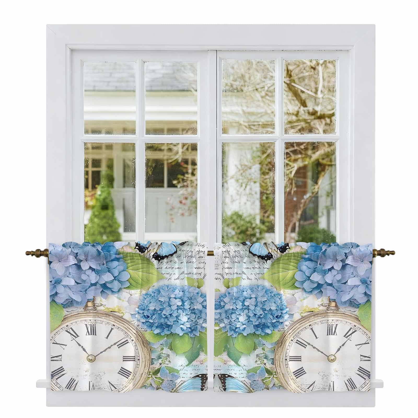 Blue Hydrangea Retro Tier Curtains, Spring Summer Clock Butterfly Light ...