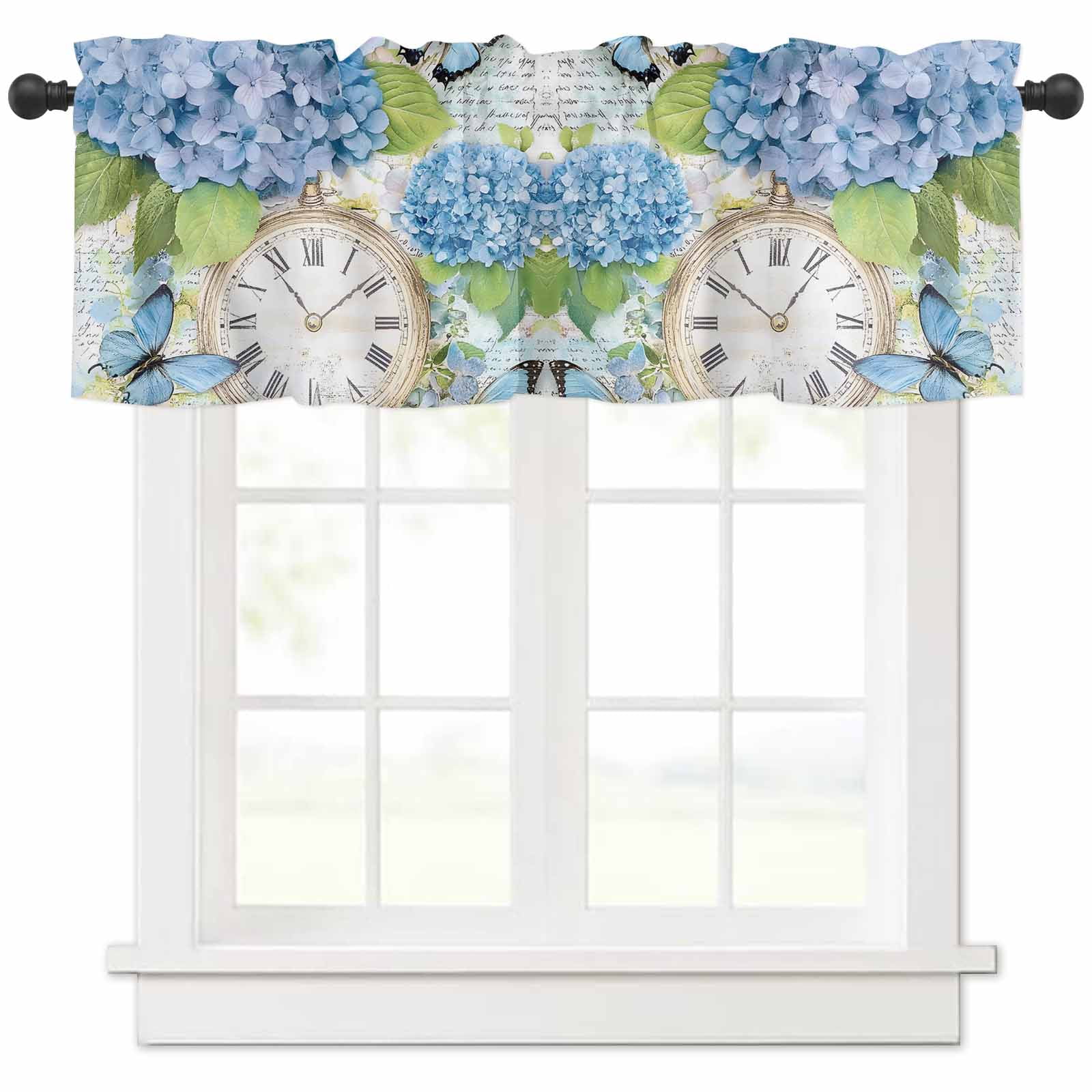 Blue Hydrangea Retro Valances for Windows Farmhouse Kitchen Curtains ...