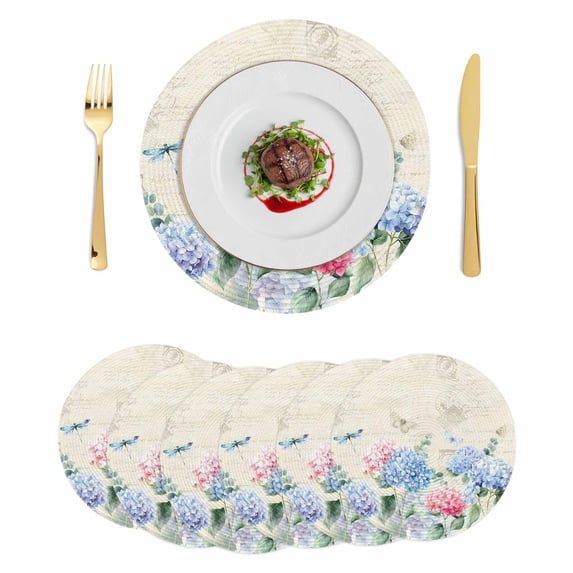 Blue Hydrangea Round 15 Inch Placemats Set of 6, Pink Flowers Spring ...