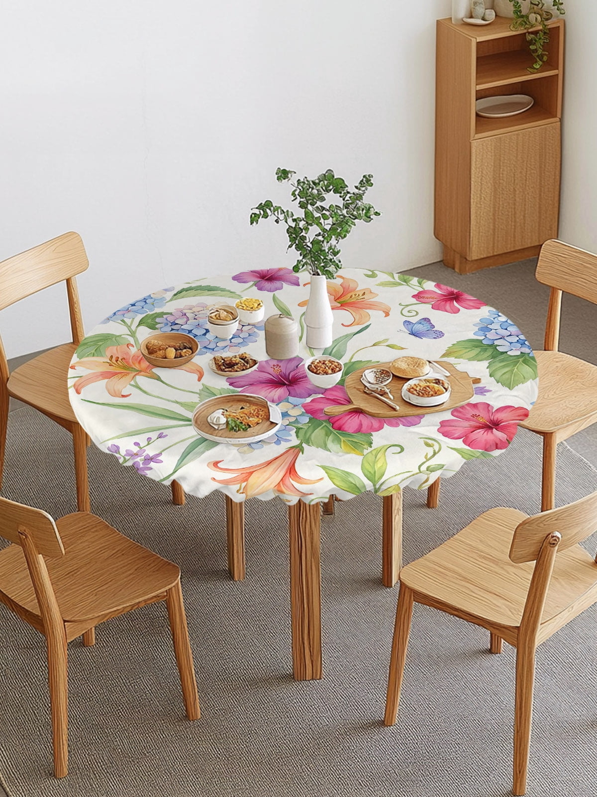 Blue Hydrangea Round Fitted Tablecloth with Elastic Edge, Orange Lily ...