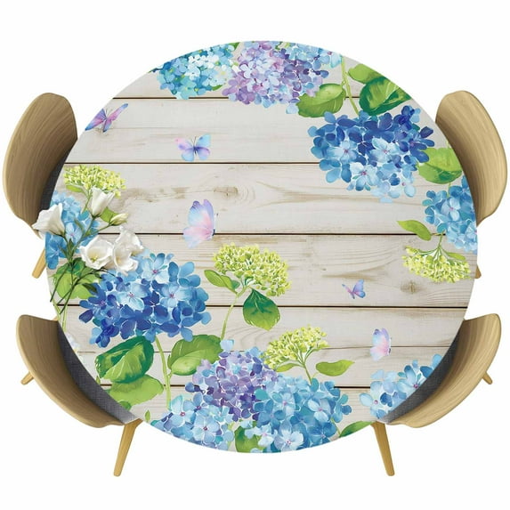 Blue Hydrangea Round Fitted Tablecloth with Elastic Edge, Watercolor ...