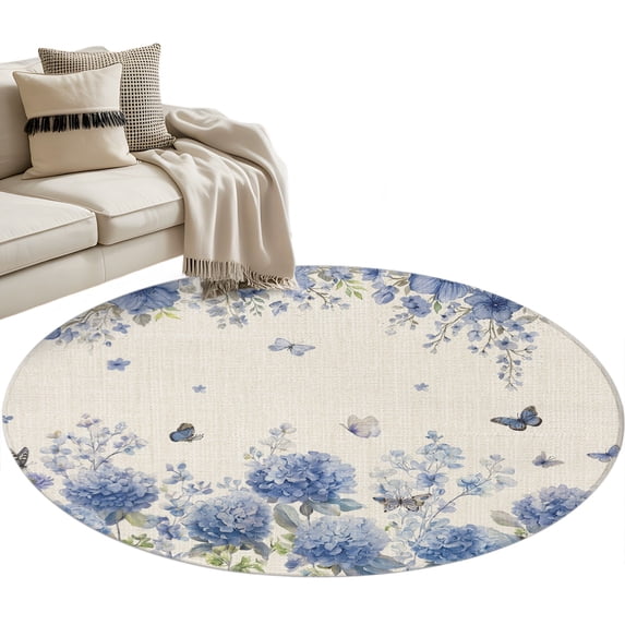 Blue Hydrangea Round Rug 3ft Washable Circle Entryway Rugs Non Slip ...