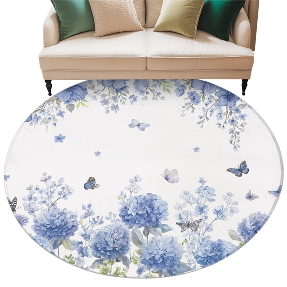 Blue Hydrangea Round Rug 5ft Washable Circle Kitchen Rugs Non Slip Farm ...