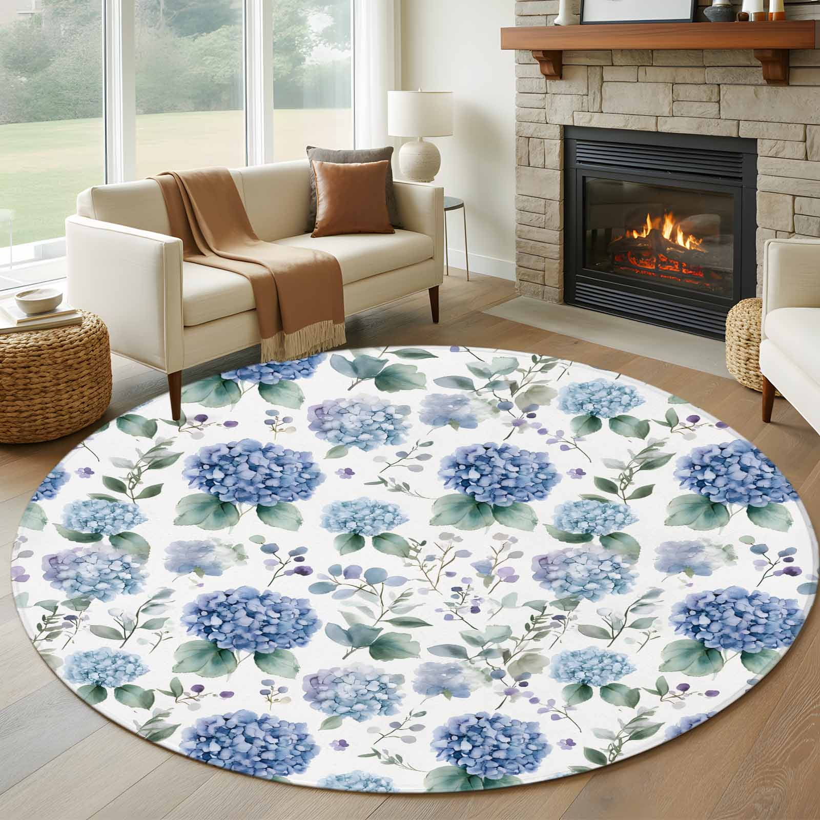 Blue Hydrangea Round Rugs for Living Room 6ft Eucalyptus Leaves ...