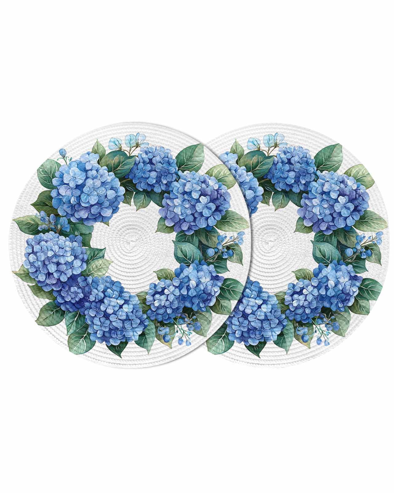 Blue Hydrangea Round Table Placemats set of 2, Watercolor Floral ...