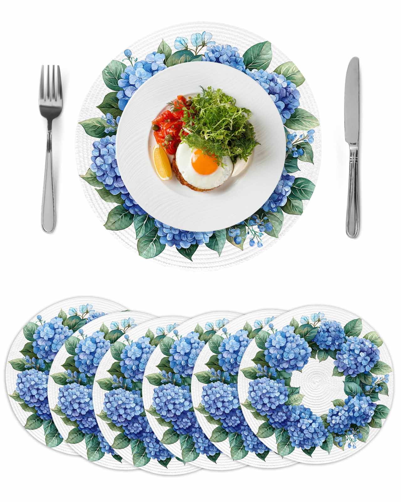 Blue Hydrangea Round Table Placemats set of 6, Watercolor Floral ...