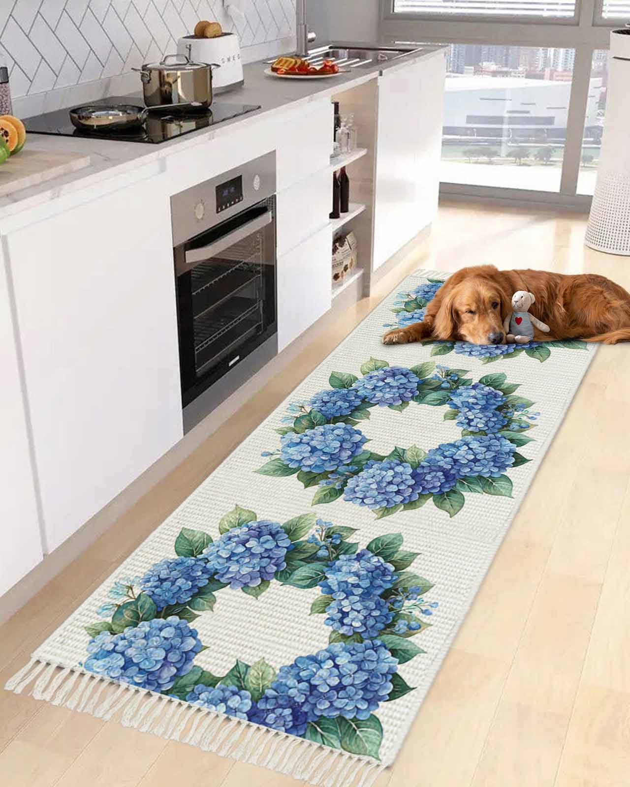 Blue Hydrangea Runner Rug for Hallway 2x4ft, Spring Wreath Flower ...