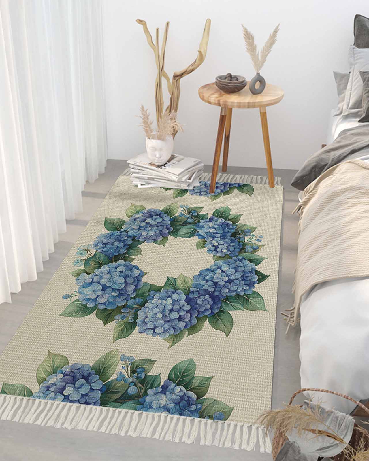 Blue Hydrangea Runner Rug for Hallway 3x5ft, Spring Wreath Flower ...