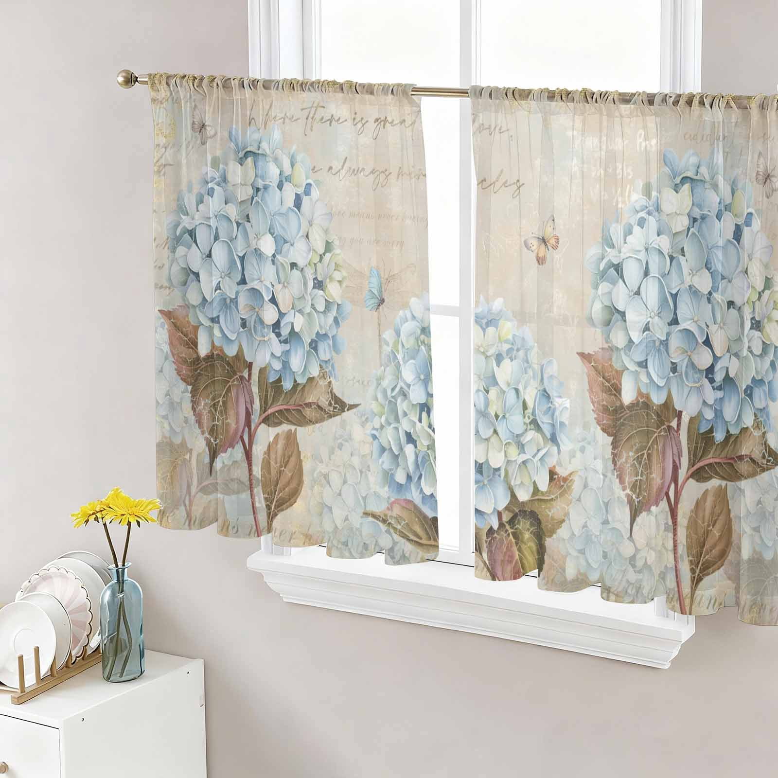 Blue Hydrangea Semi Sheer Curtains 54 Inch Length 2 Panels Set, Flowers ...