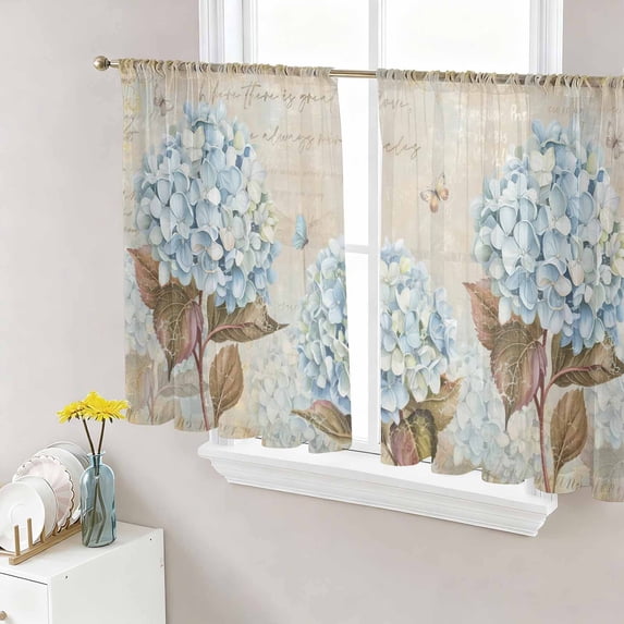 Blue Hydrangea Semi Sheer Curtains 54 Inch Length 2 Panels Set, Flowers ...