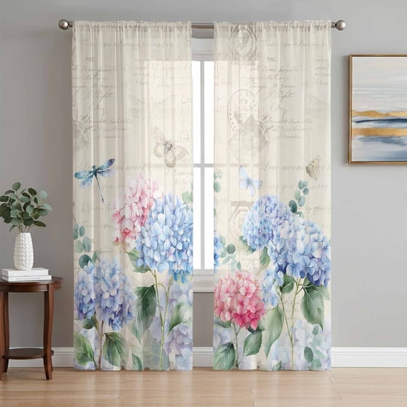 Blue Hydrangea Sheer Curtains 108 Inch Length 2 Panels for Living Room ...