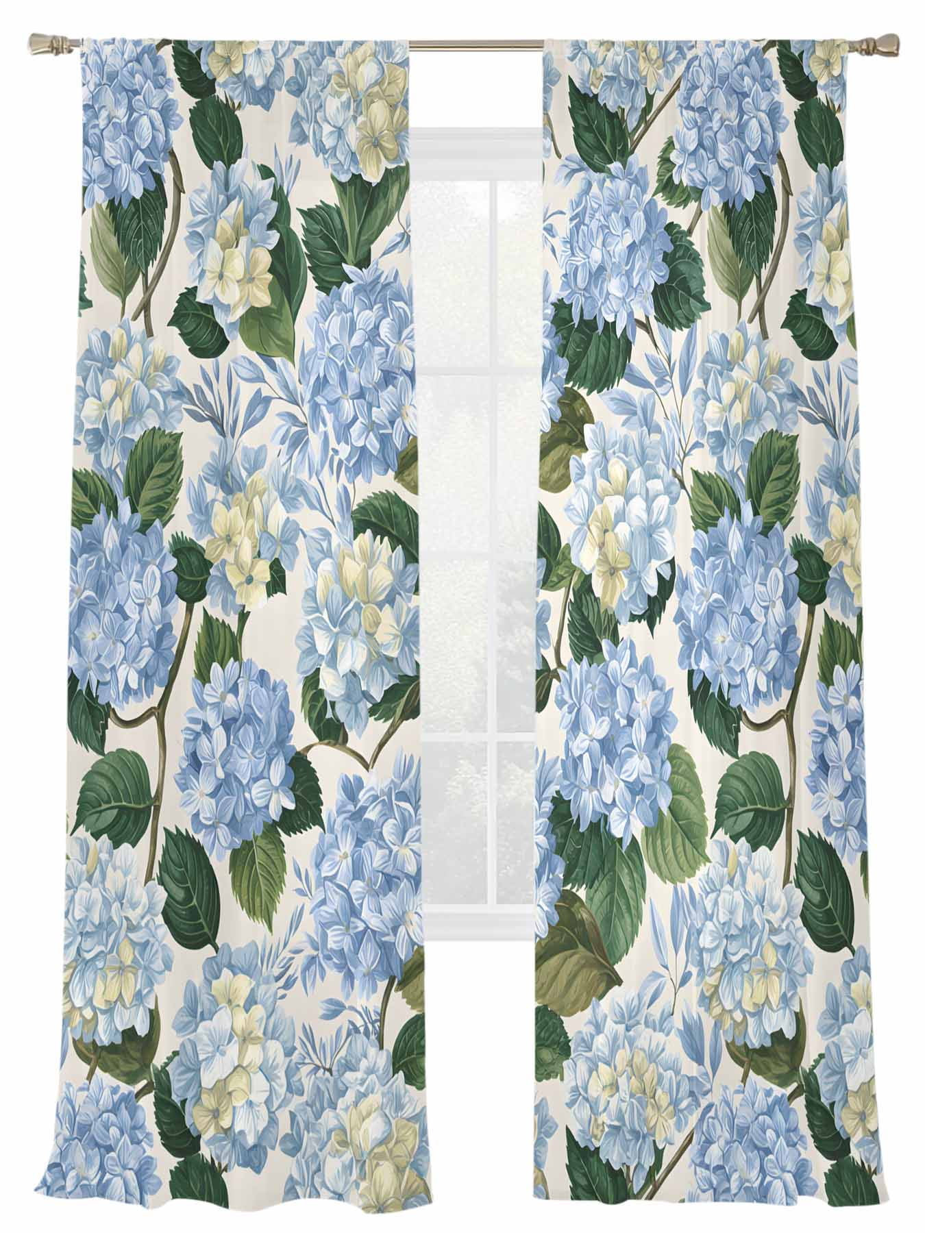 Blue Hydrangea Sheer Curtains 108 Inch Long 2 Panels, Floral Country ...