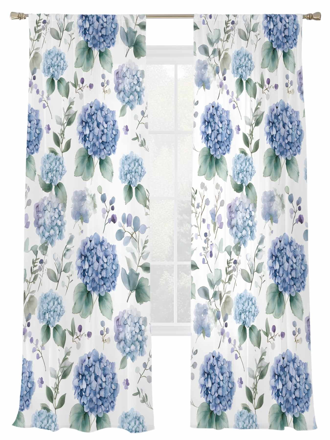 Blue Hydrangea Sheer Curtains 108 inches Long 2 Panels Set Eucalyptus ...
