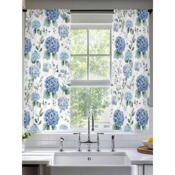 Blue Hydrangea Sheer Curtains 2 Panels Set, 52" W x 72" L Eucalyptus ...