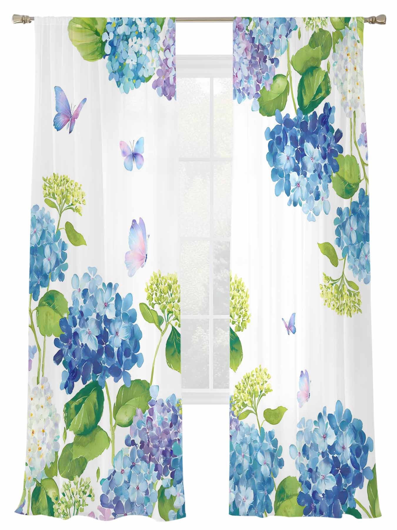 Blue Hydrangea Sheer Curtains 2 Panels Set Watercolor Blue Purple ...