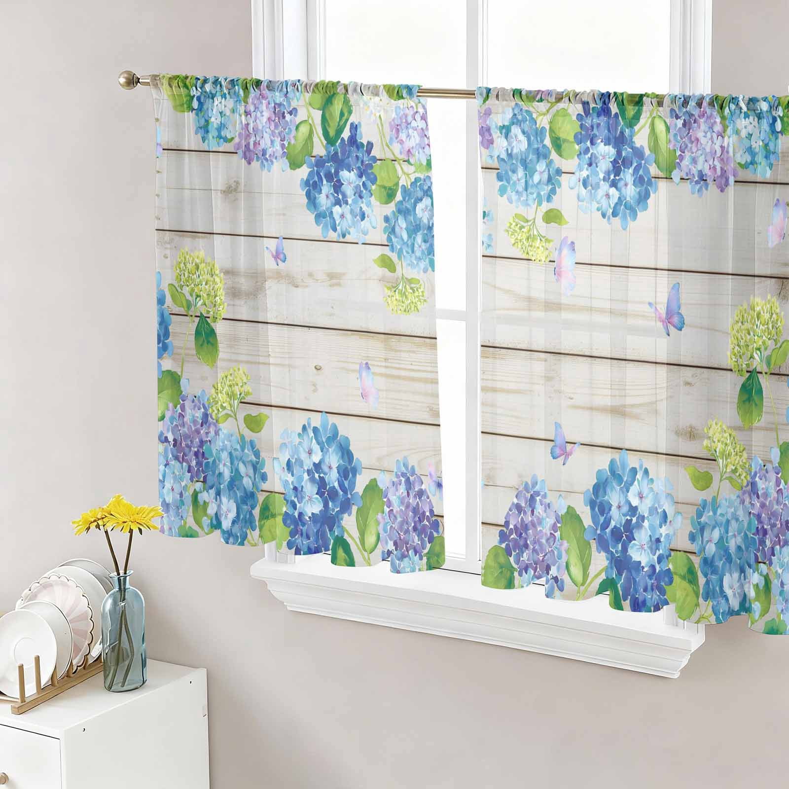 Blue Hydrangea Sheer Curtains 45 Inch Length 2 Panels Set Window ...