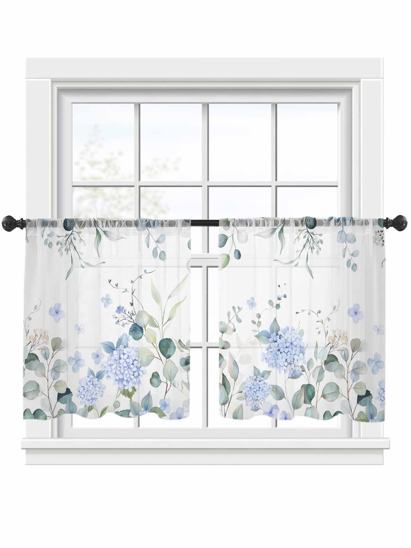 Blue Hydrangea Sheer Curtains 45 Inch Long 2 Panels, Country Eucalyptus ...