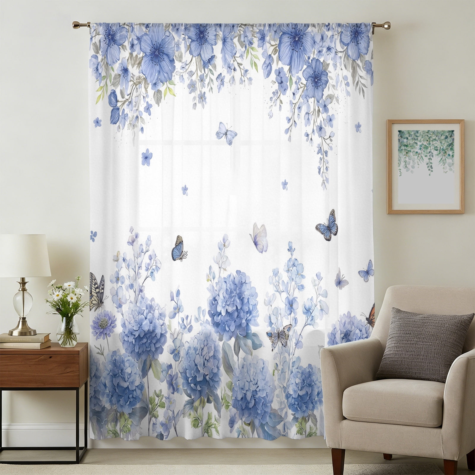 Blue Hydrangea Sheer Curtains 45" Long for Bedroom, Farm Florals ...
