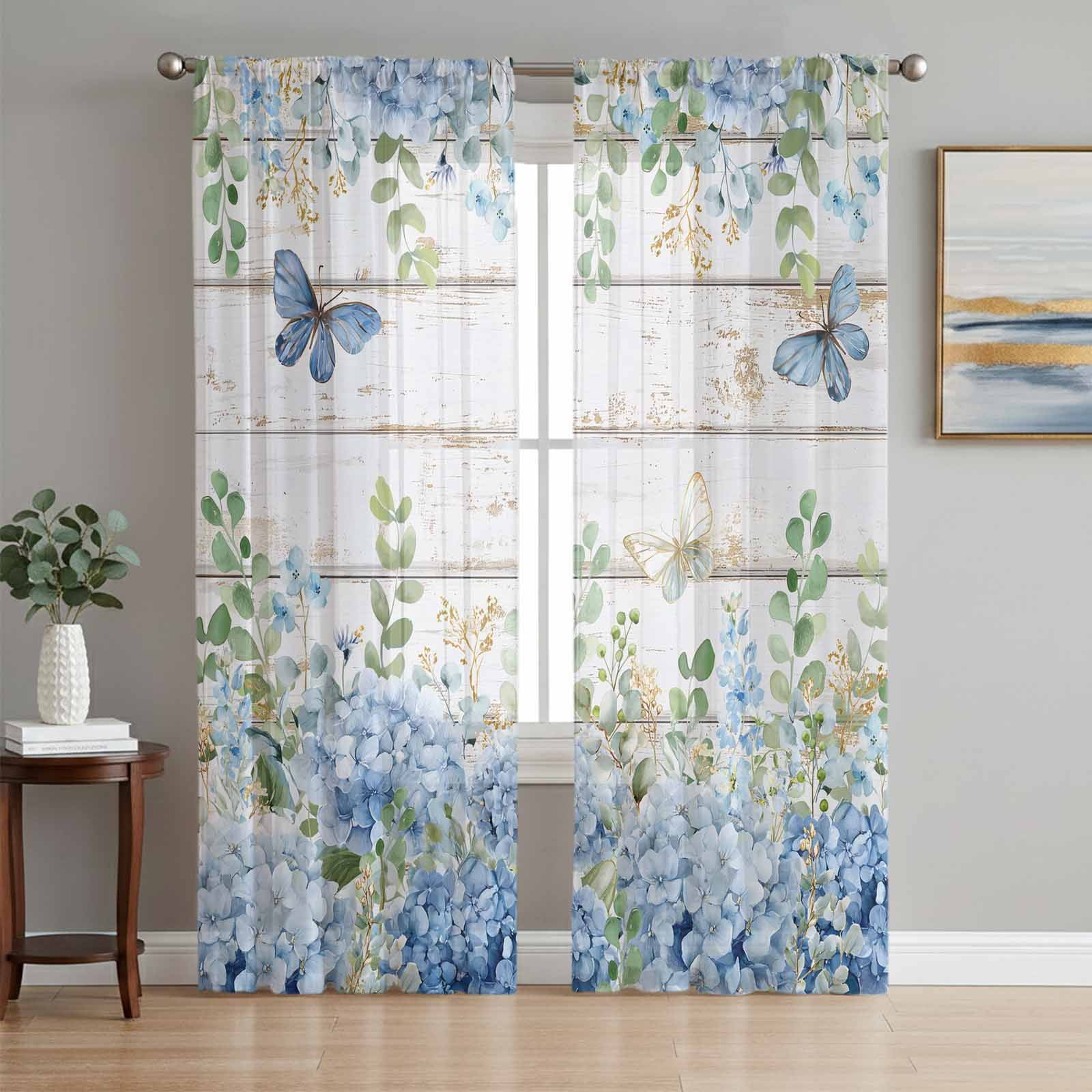Blue Hydrangea Sheer Curtains 63 Inch Length 2 Panels Set, Spring ...