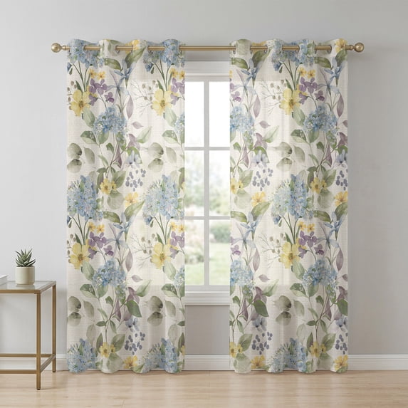 Blue Hydrangea Sheer Curtains 72 Inch Long 2 Panels, Watercolor Spring ...