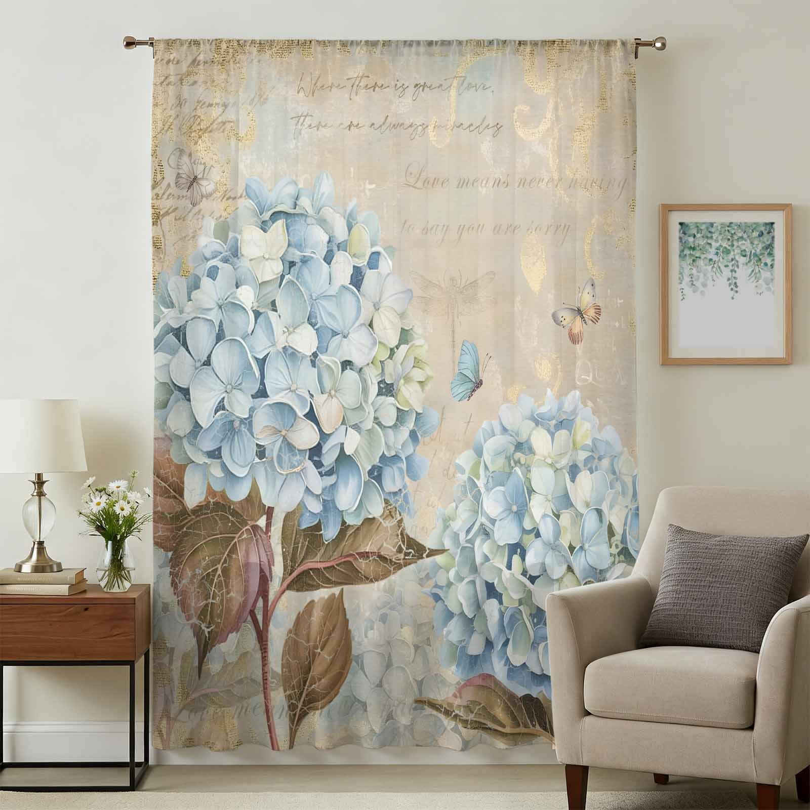 Blue Hydrangea Sheer Curtains 72 Inches Long, Flowers Leaves Butterfly ...