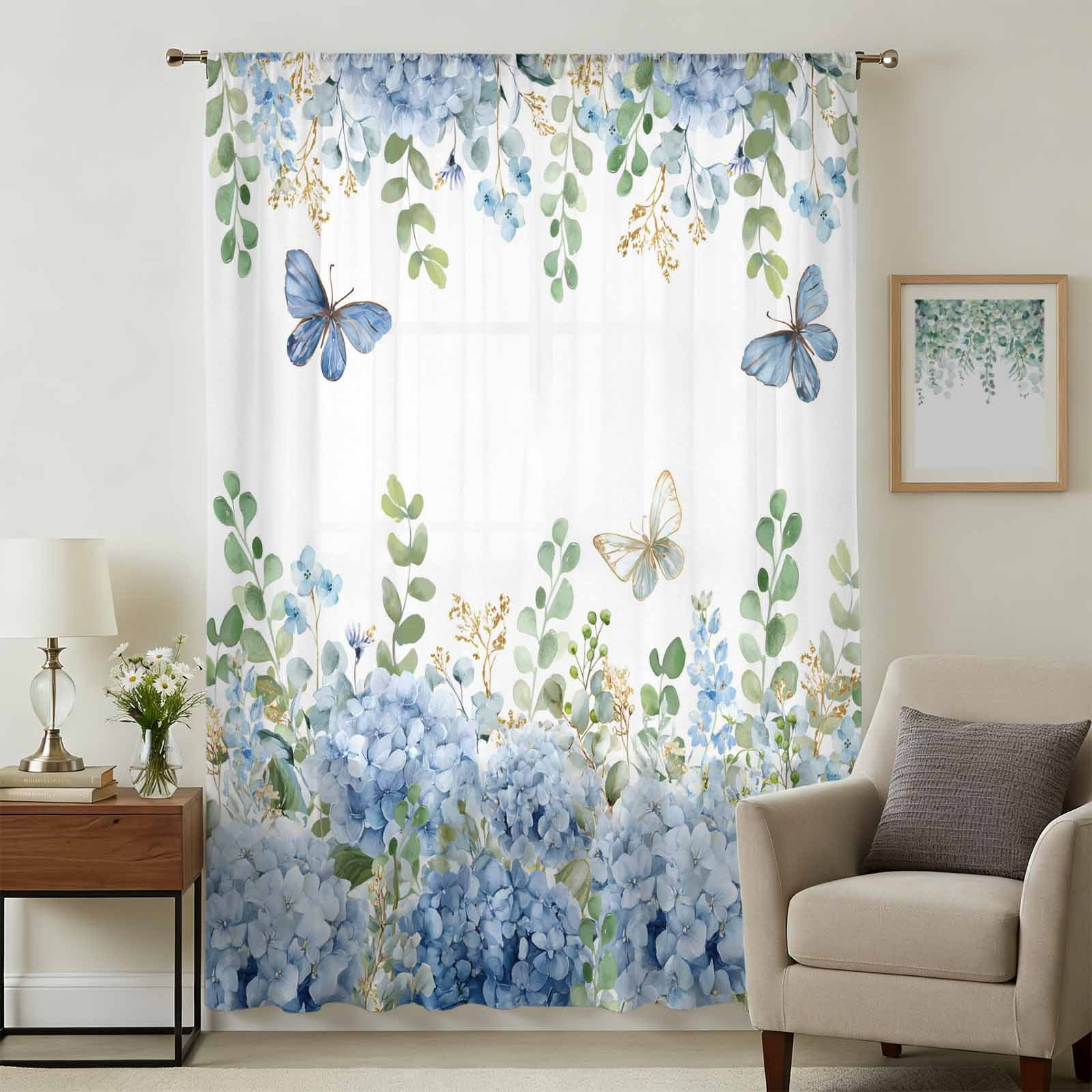 Blue Hydrangea Sheer Curtains 72 Inches Long for Living Room, Spring ...