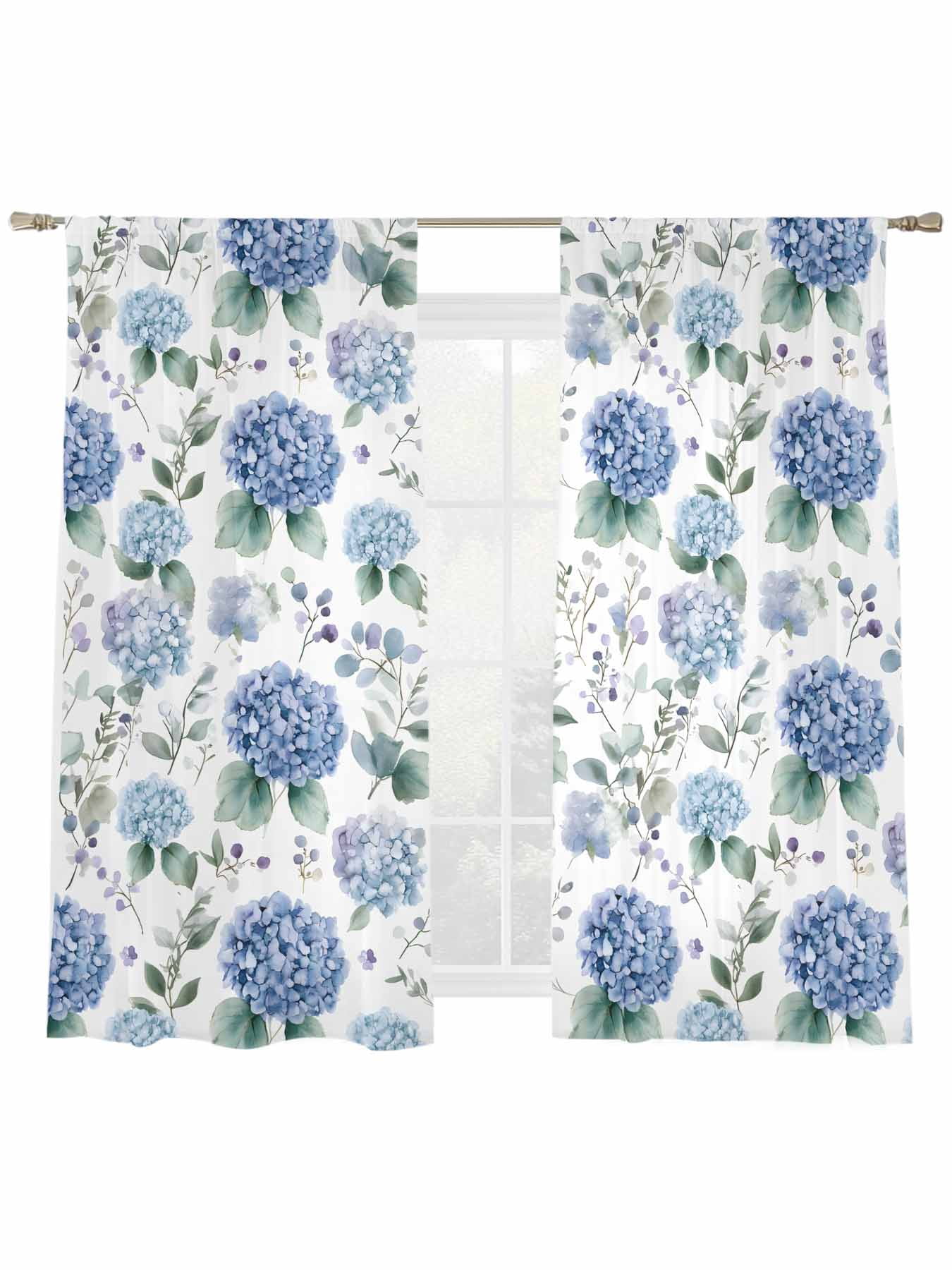 Blue Hydrangea Sheer Curtains 72 inches Long 2 Panels Set Eucalyptus ...