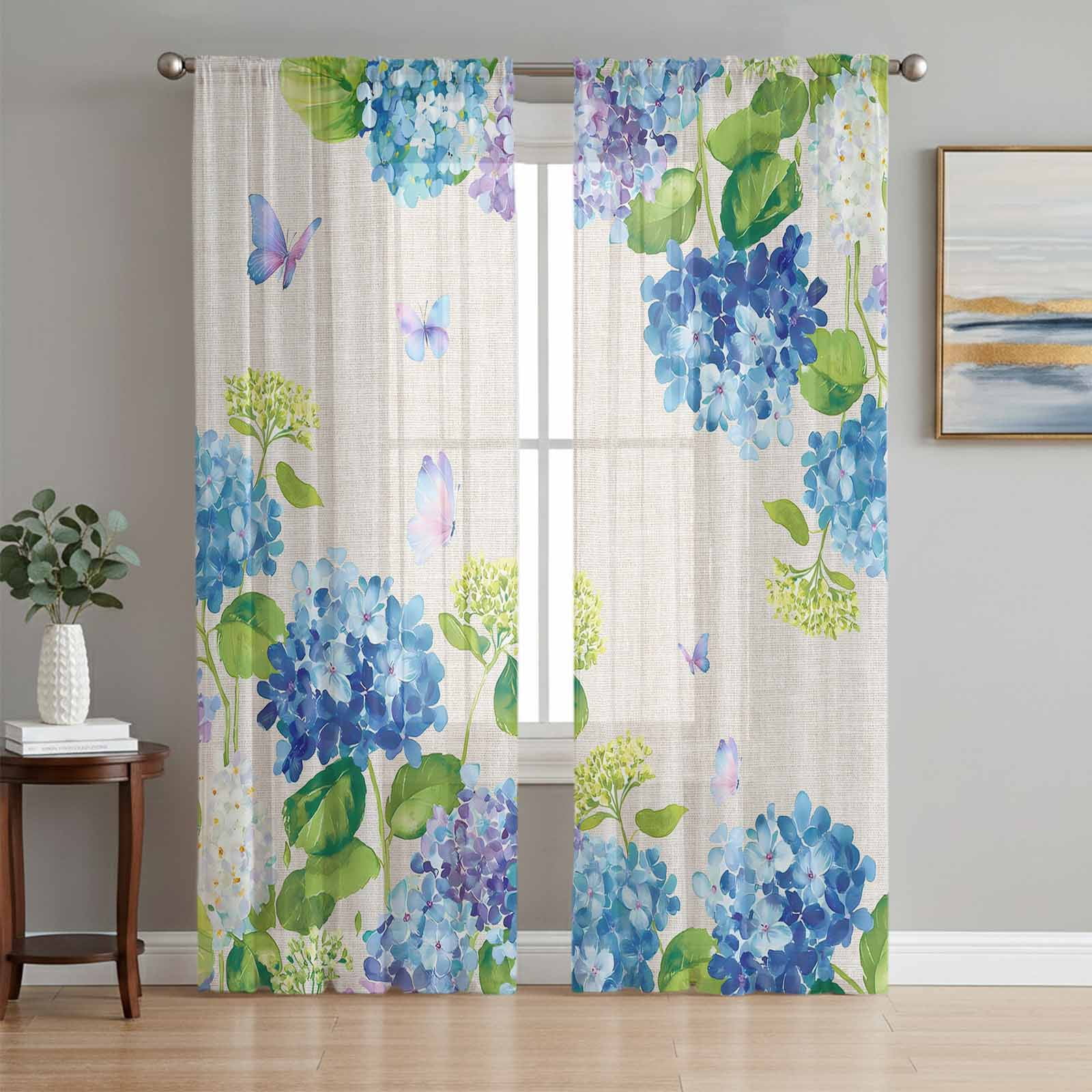 Blue Hydrangea Sheer Curtains 96 Inch Length 2 Panels Set, Linen ...