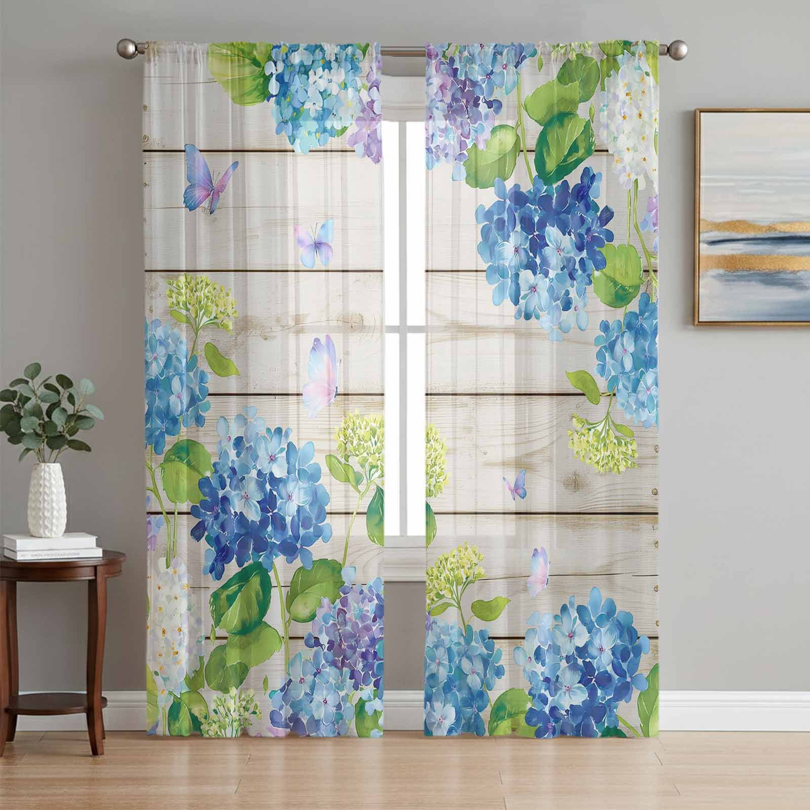 Blue Hydrangea Sheer Curtains 96 Inch Length 2 Panels Set, Rustic ...
