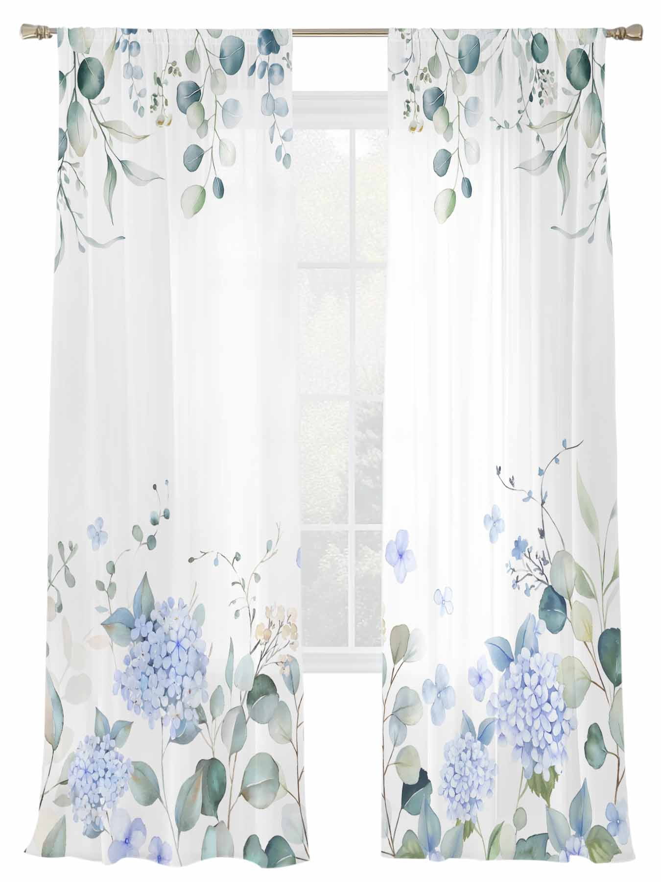 Blue Hydrangea Sheer Curtains 96 Inch Long 2 Panels, Country Eucalyptus ...
