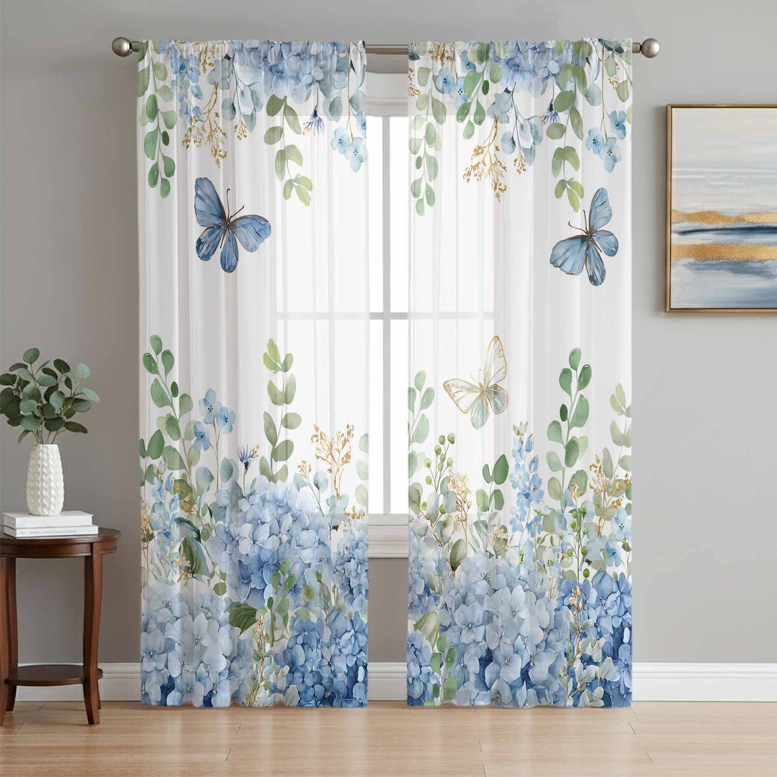 Blue Hydrangea Sheer Curtains for Living Room Bedroom, Rustic Summer ...