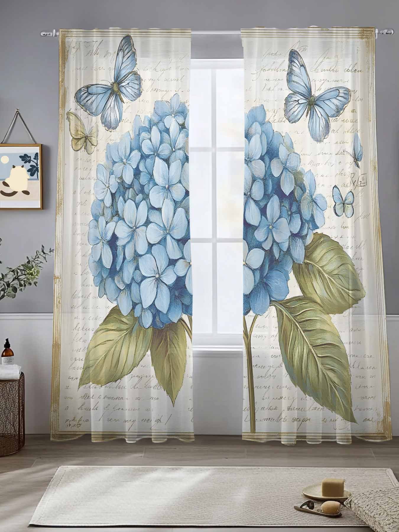 Blue Hydrangea Sheer Curtains for Living Room Bedroom Spring Vintage ...