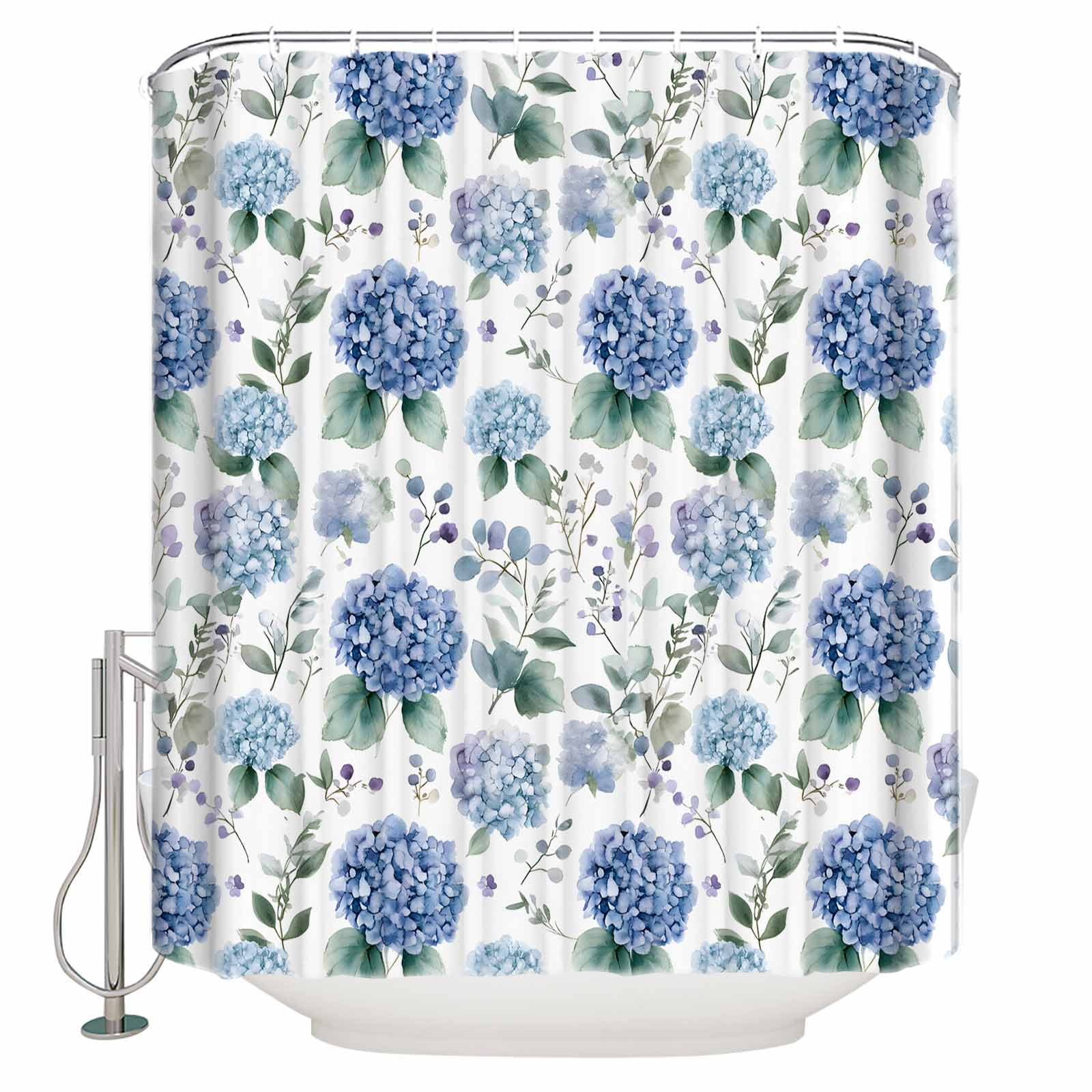 Blue Hydrangea Shower Curtain, 66" x 72", Eucalyptus Leaves Watercolor ...