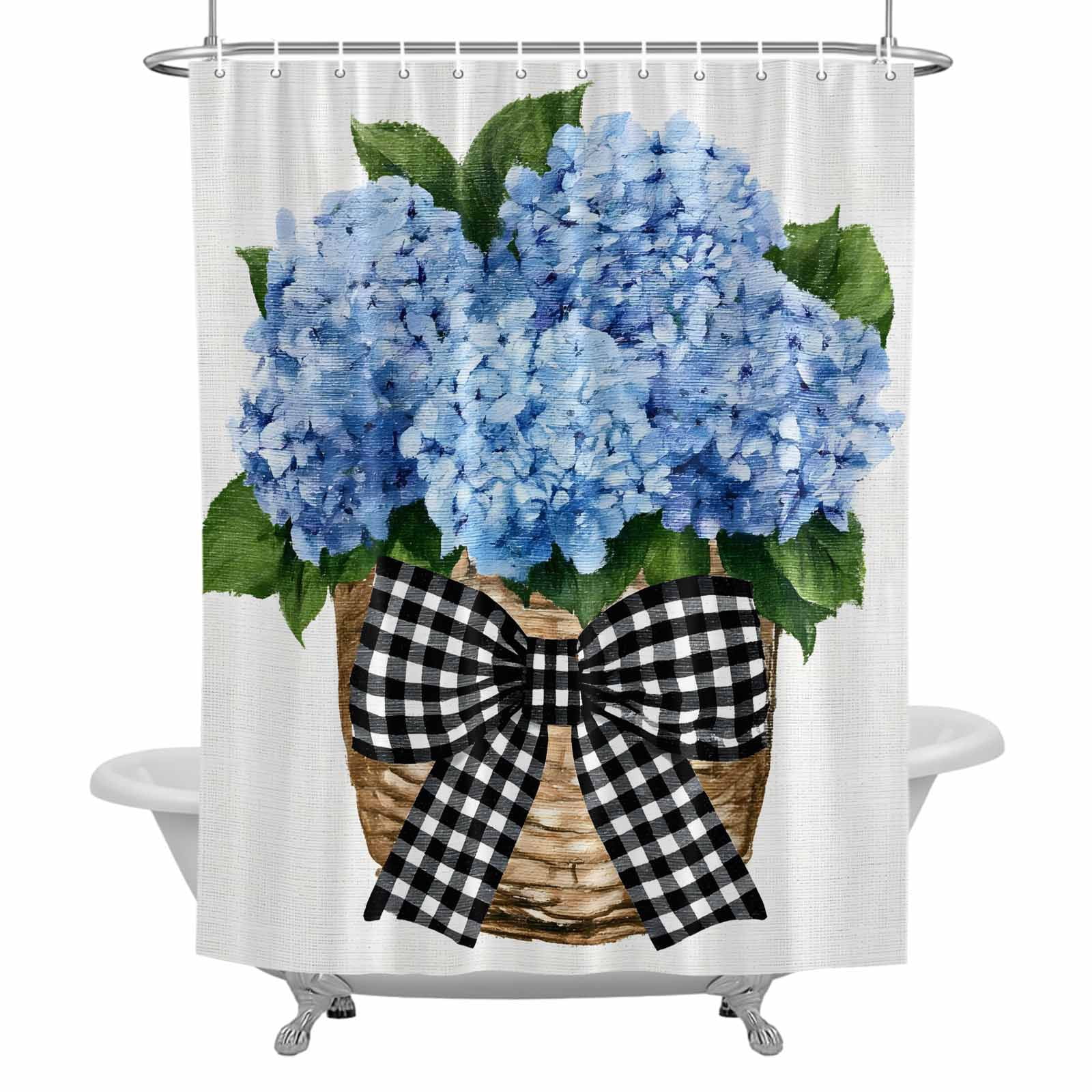 Blue Hydrangea Shower Curtain for Bathroom, Floral Leaves Basket Black ...
