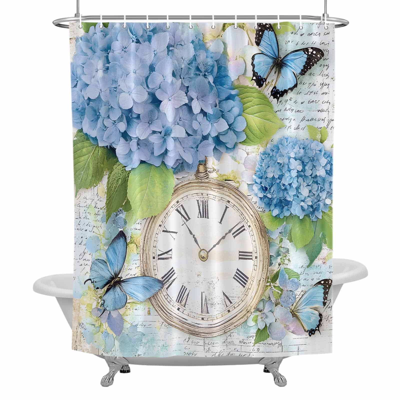 Blue Hydrangea Shower Curtain for Bathroom, Vintage Clock Butterfly ...