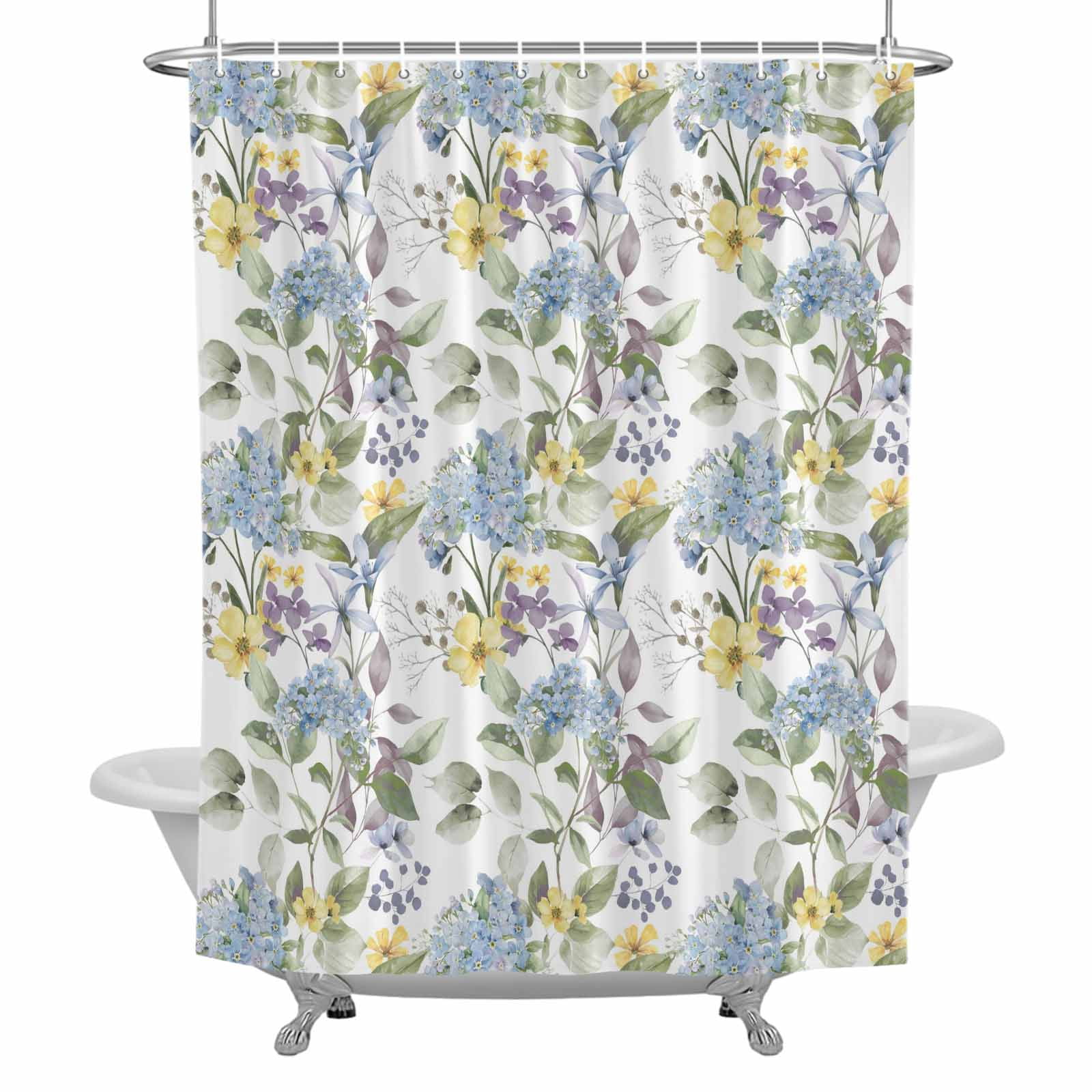 Blue Hydrangea Shower Curtain for Bathroom, Watercolor Spring Yellow ...