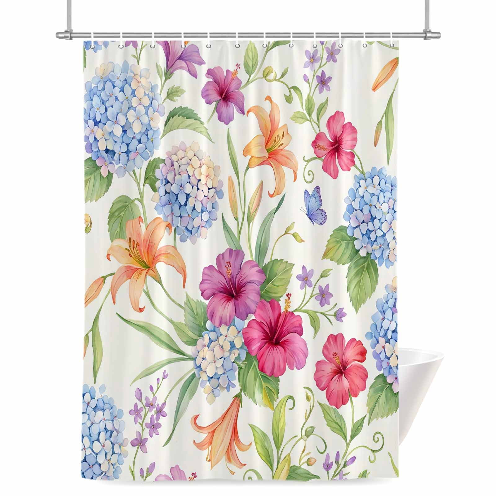 Blue Hydrangea Shower Curtain, Orange Lily Red Purple Flower Watercolor ...