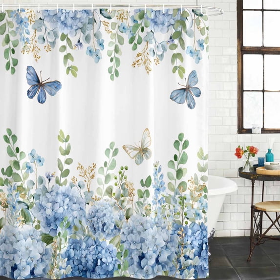 Blue Hydrangea Shower Curtain, Rustic Summer Blue Floral Butterfly ...