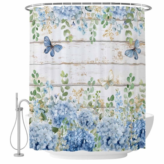 Blue Hydrangea Shower Curtain Set with Hooks, Rustic Summer Blue Floral ...