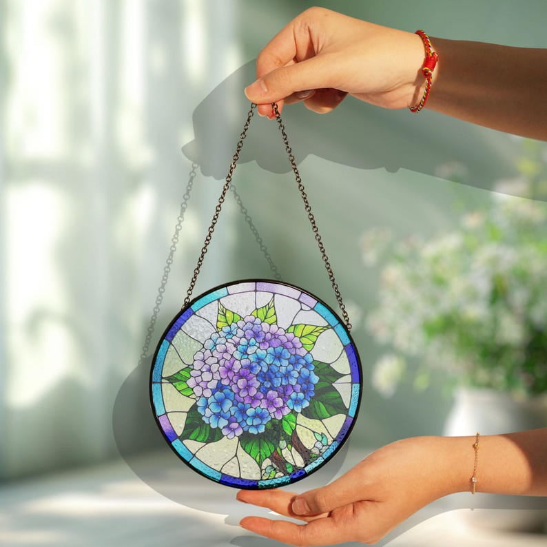 Blue Hydrangea Stained Glass Acrylic Window Hanging, Blue Hydrangea ...