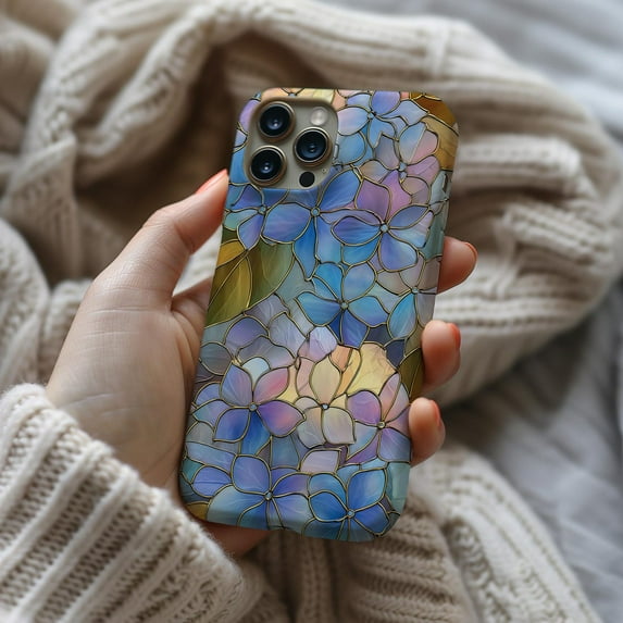 Blue Hydrangea Stained Glass Floral Phone Case with iPhone 17 to 11 Pro ...