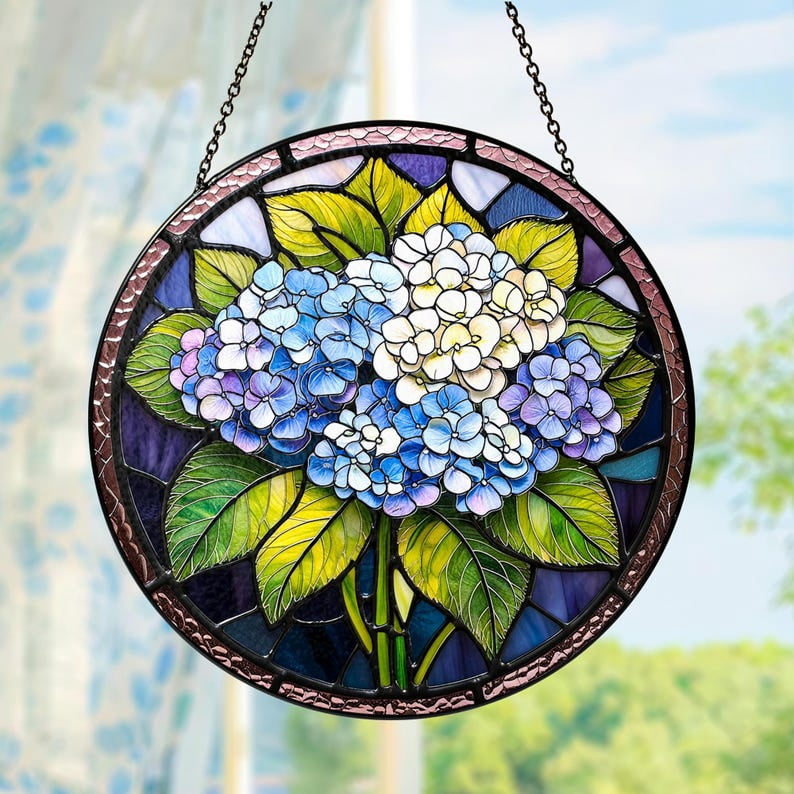Blue Hydrangea Stained Glass Suncatcher, Floral Window Hanging, Garden ...