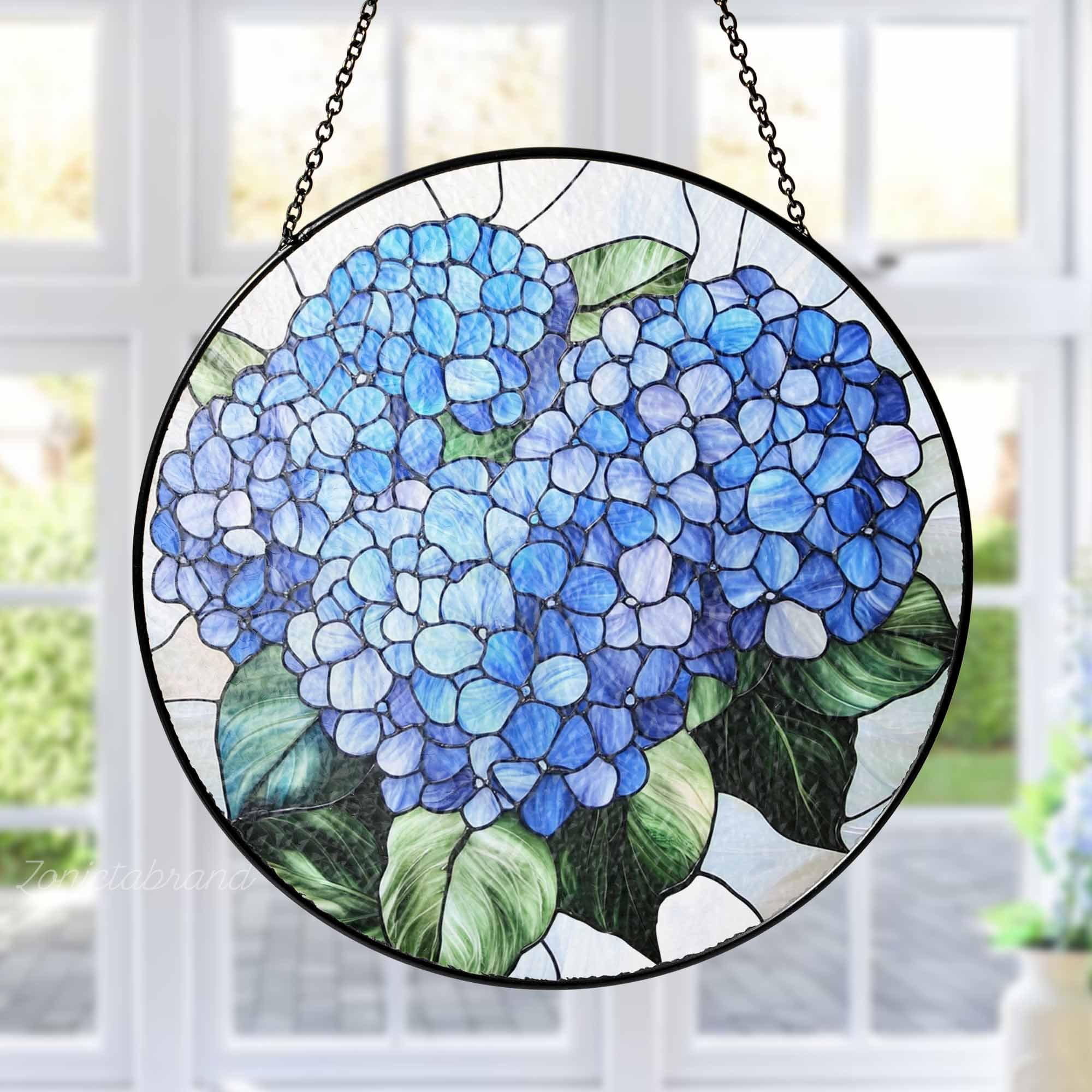 Blue Hydrangea Stained Glass Suncatcher Window Hanging, Garden Gift For ...