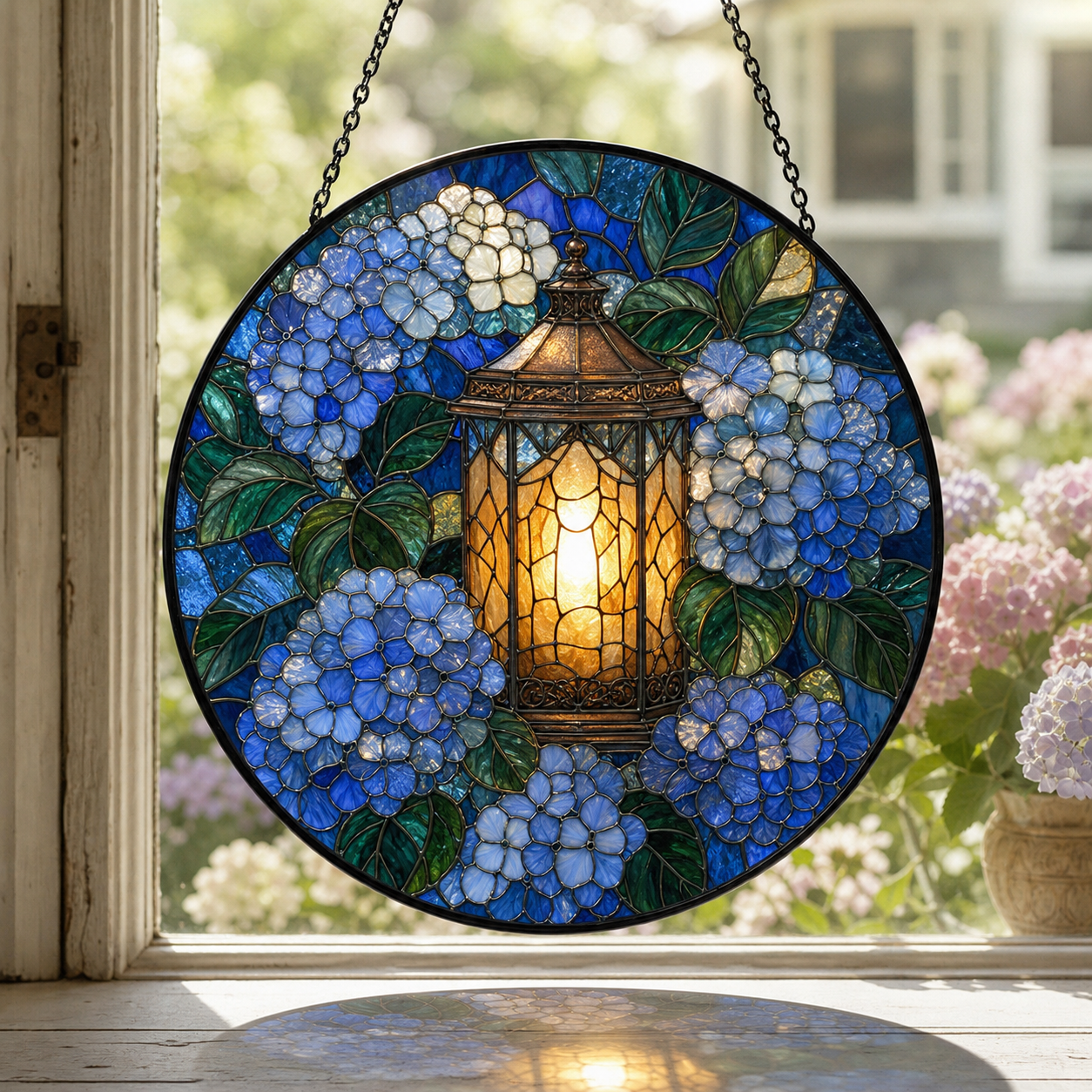 Blue Hydrangea Stained Glass Suncatcher with Lantern Glow for Garden ...